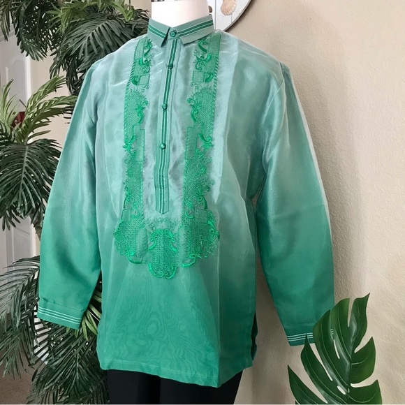 Shirts | Emerald Green Monochromatic Organza Barong Tagalog With ...